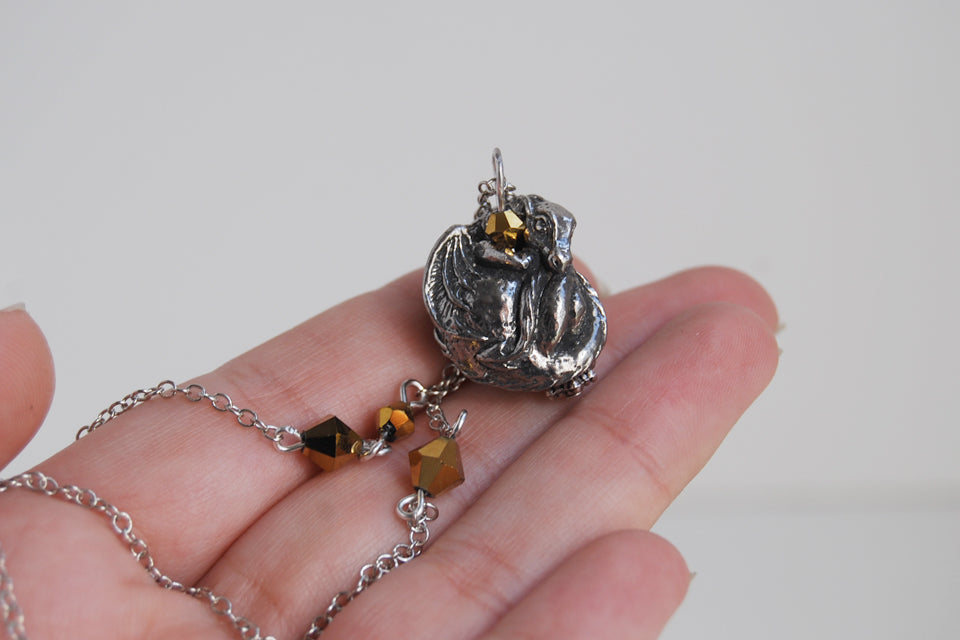 Magic Dragon Hoard Necklace | Cute Dark Silver Dragon Pendant with Gol ...