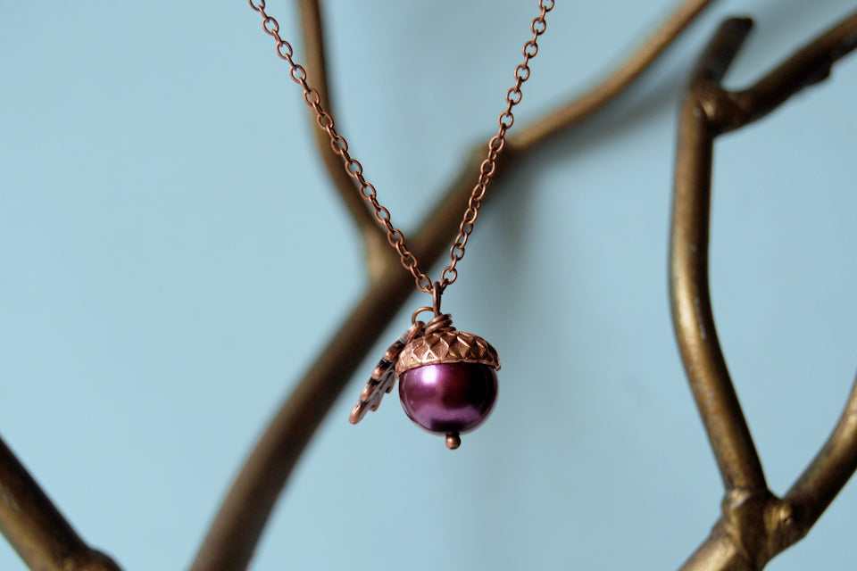 Plum & Copper Acorn Necklace | Nature Jewelry | Woodland Pearl Acorn ...